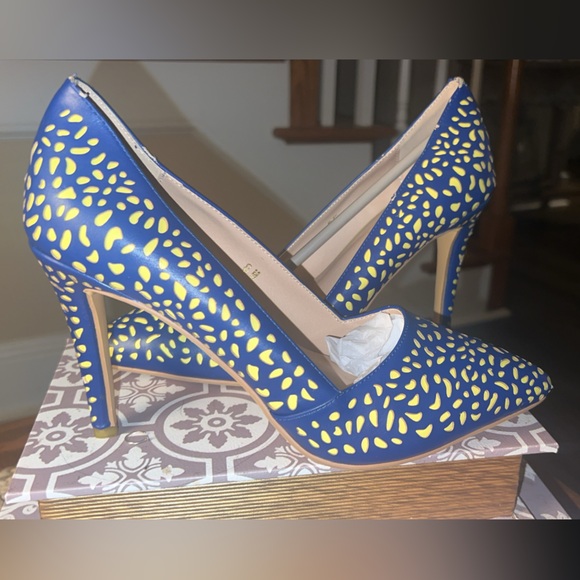 Ashro | Shoes | Ashro Vibrant Blue And Yellow Patterned Heels | Poshmark